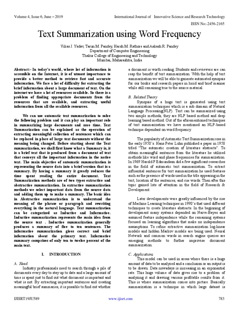 Text Summarization Using Word Frequency | PDF | Cybernetics | Areas Of ...