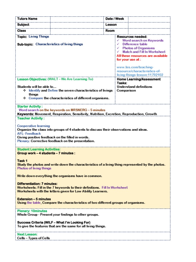 Characteristics of LivingThings Lesson Plan Science | PDF | Organisms ...