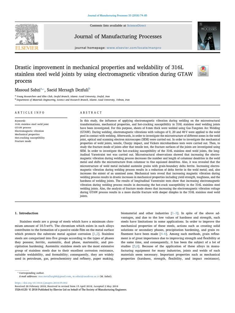 Journal of Manufacturing Processes: Masoud Sabzi, Saeid Mersagh Dezfuli ...