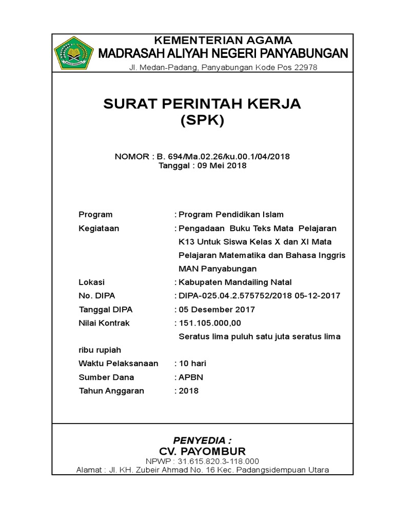 Surat Perintah Kerja (SPK) Cv. Payombur | PDF