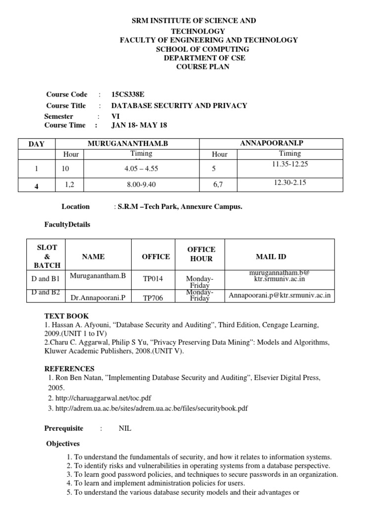 B Tech 15cs338e Database Security Pdf Information Security Oracle Database