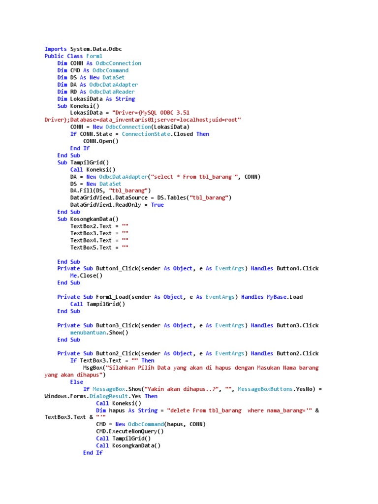 Form1 Odbcconnection Odbccommand Dataset Odbcdataadapter Odbcdatareader | PDF | Data Management ...