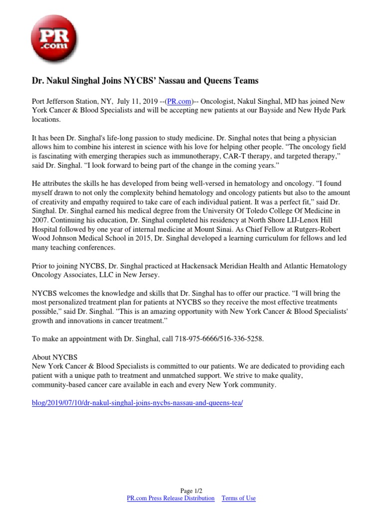 Dr Nakul Singhal Joins Nycbs Nassau And Queens Teams Pdf