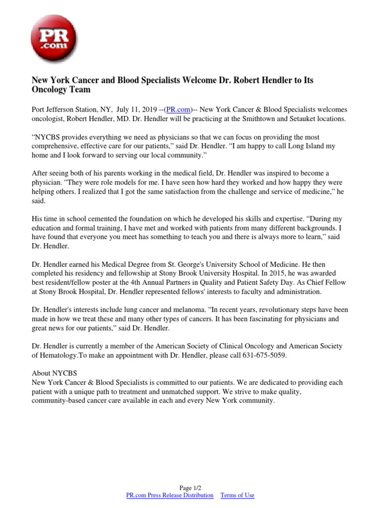New York Cancer and Blood Specialists Welcome Dr. Robert Hendler To Its ...