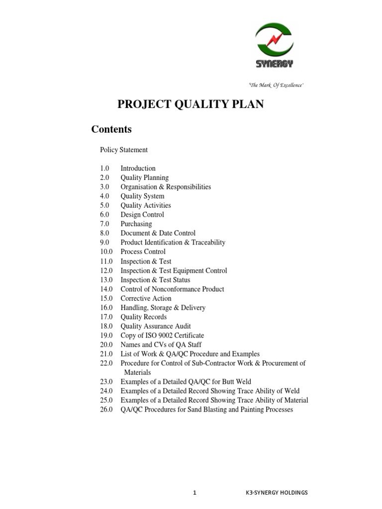 Project Quality Plan: "The Mark of Excellence" | PDF | Quality ...
