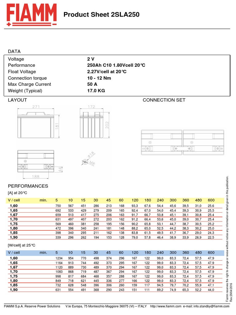 Fiamm 2sla250-datasheetENG | PDF | Electrical Engineering ...