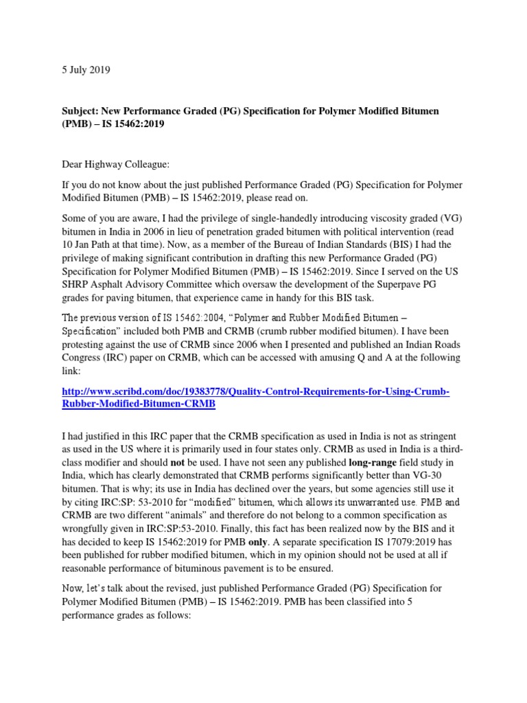 Letter To Highway Colleagues On New PG Specification For PMB IS 15462: ...