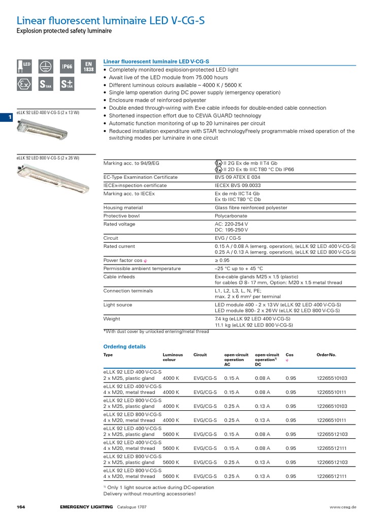 CEAG Linear Fluorescent Luminaire LED V-CG-S | PDF | Fluorescent Lamp ...