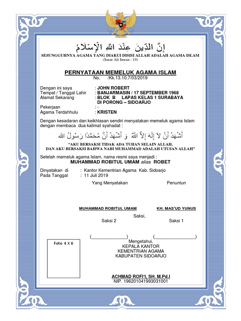 Contoh Piagam Pernyataan Masuk Islam | PDF