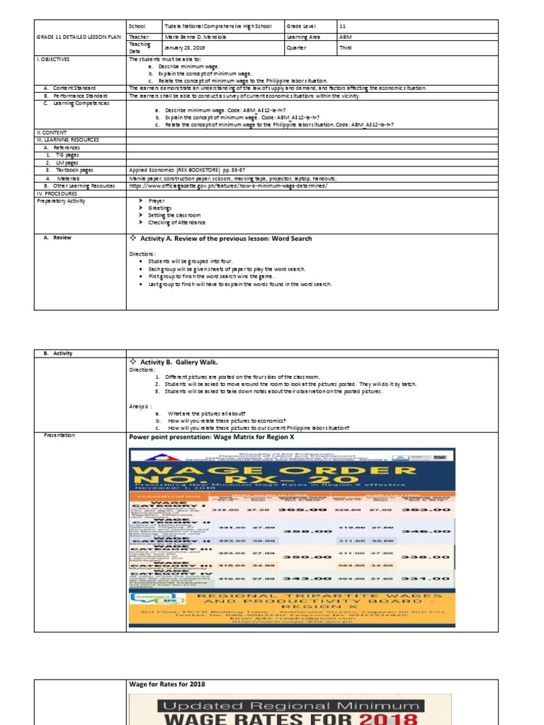Grade 11 Minimum Wage Lesson Plan | PDF | Wage | Employment
