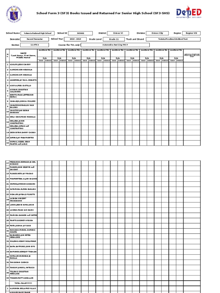 School Form 3 (SF3) Books Issued and Returned For Senior High School ...