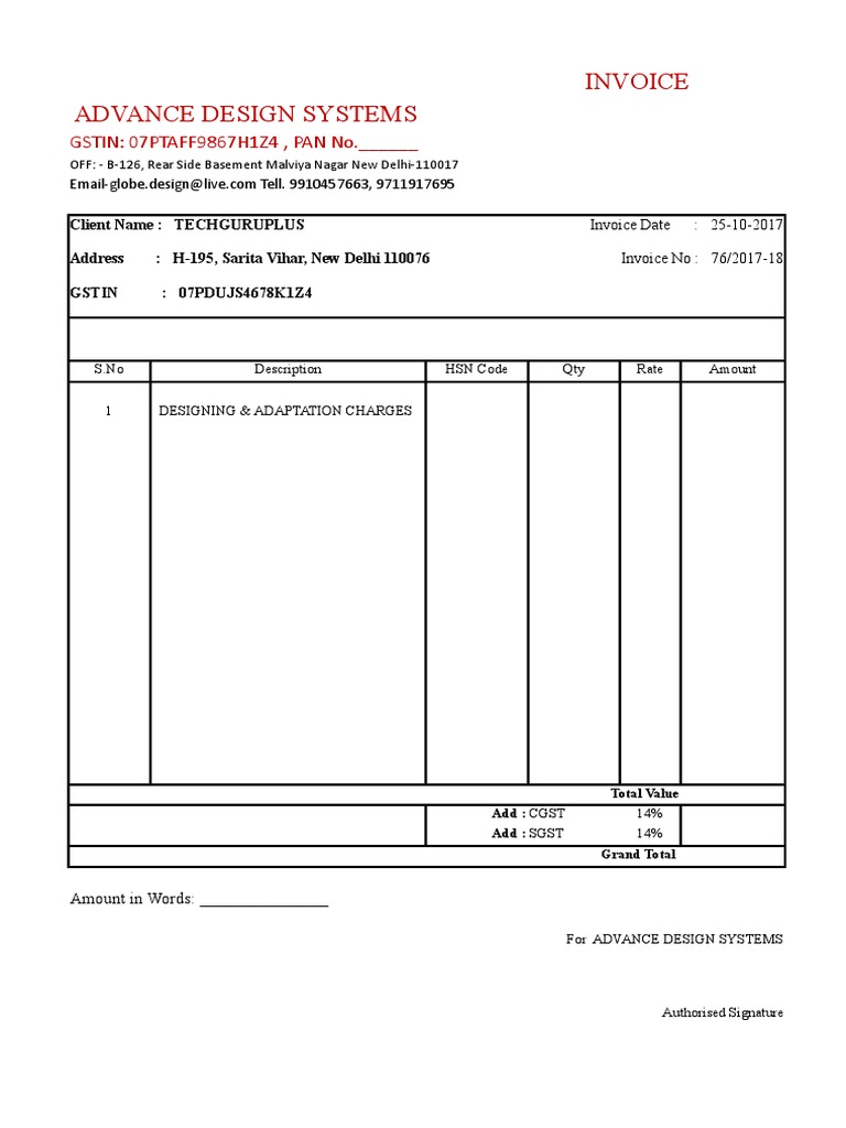 GST Invoice Format for Delhi Clients | PDF