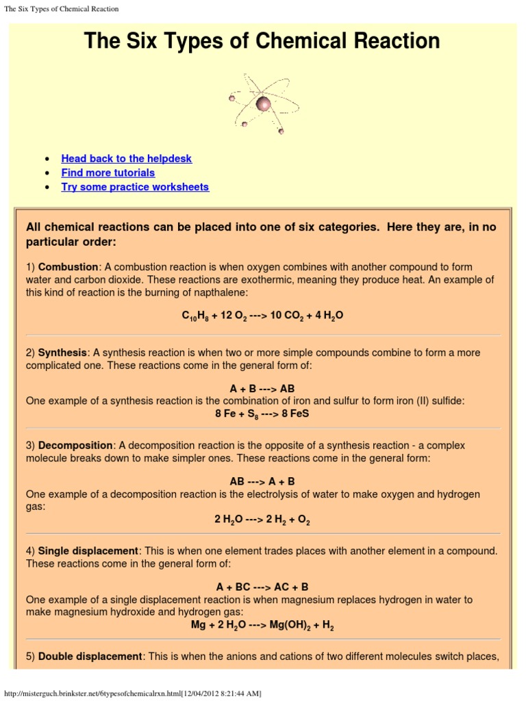 The Six Types of Chemical Reaction | PDF | Chemical Reactions | Hydroxide