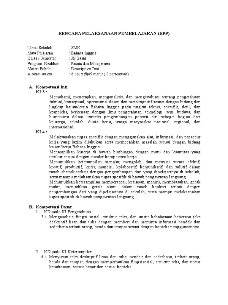 RPP Descriptive Text | PDF