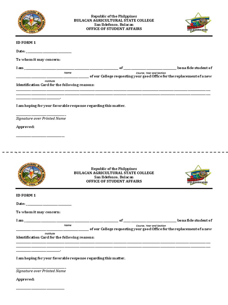 Request for Replacement of Lost Student Identification Card from ...
