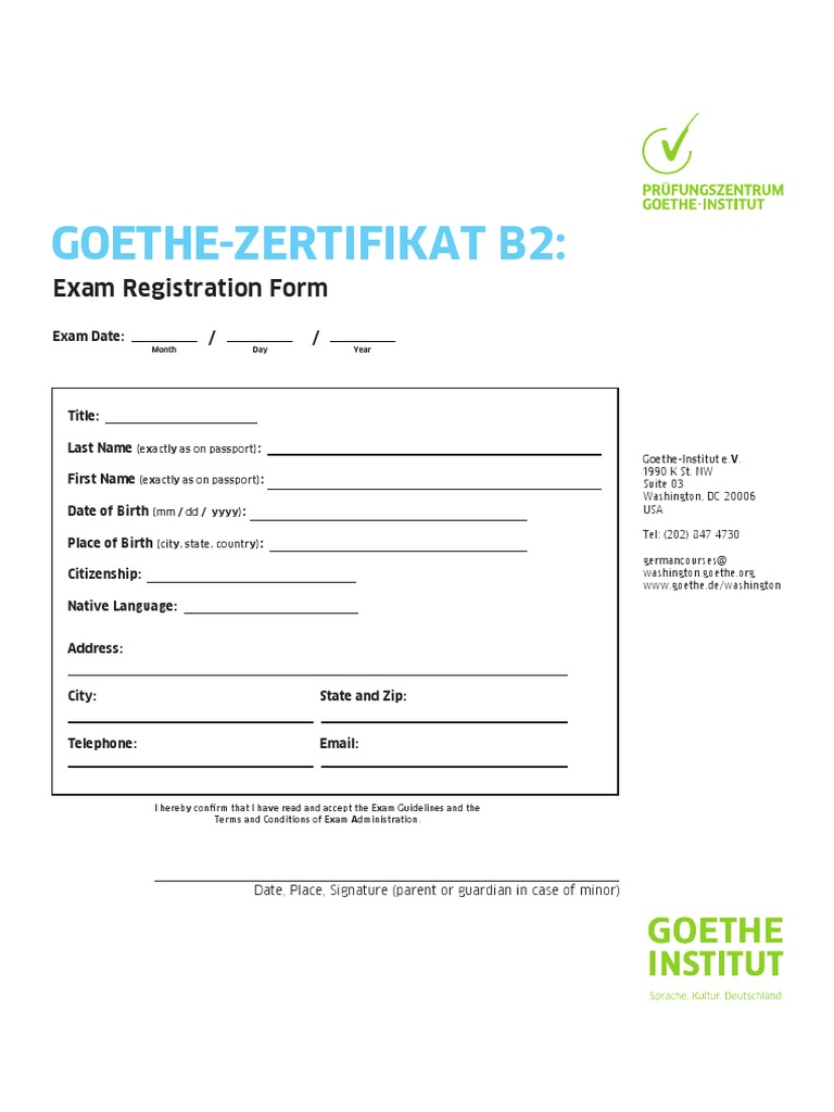 Goethe-Zertifikat B2:: Exam Registration Form | PDF | Government And ...