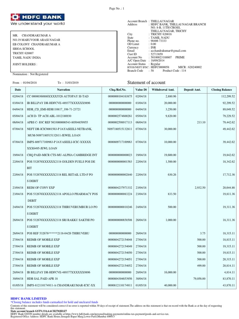 Mr. Chandrakumar A's HDFC Bank Account Statement from April 2018 to ...
