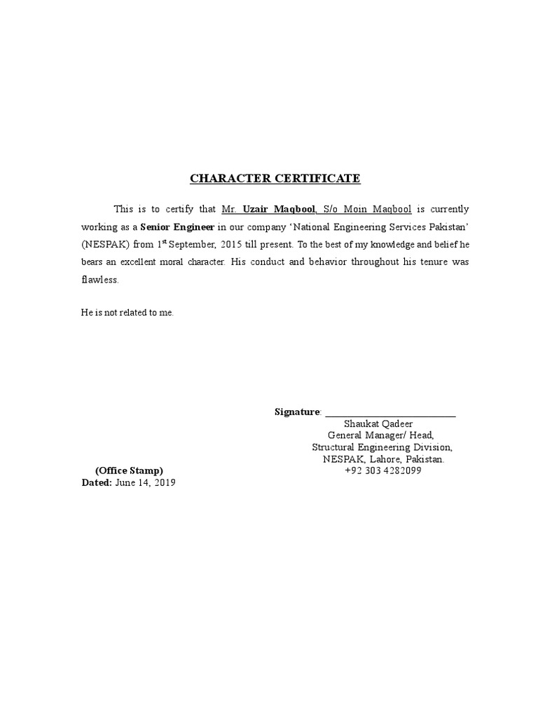 Character Certificate | PDF