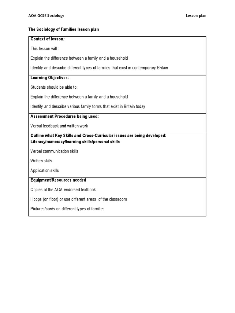 GCSE Sociology Lesson Plan 3 Families | PDF | Family | Lesson Plan