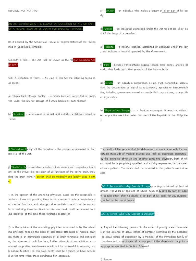 Succession RA 7170 | PDF | Will And Testament | Organ Donation