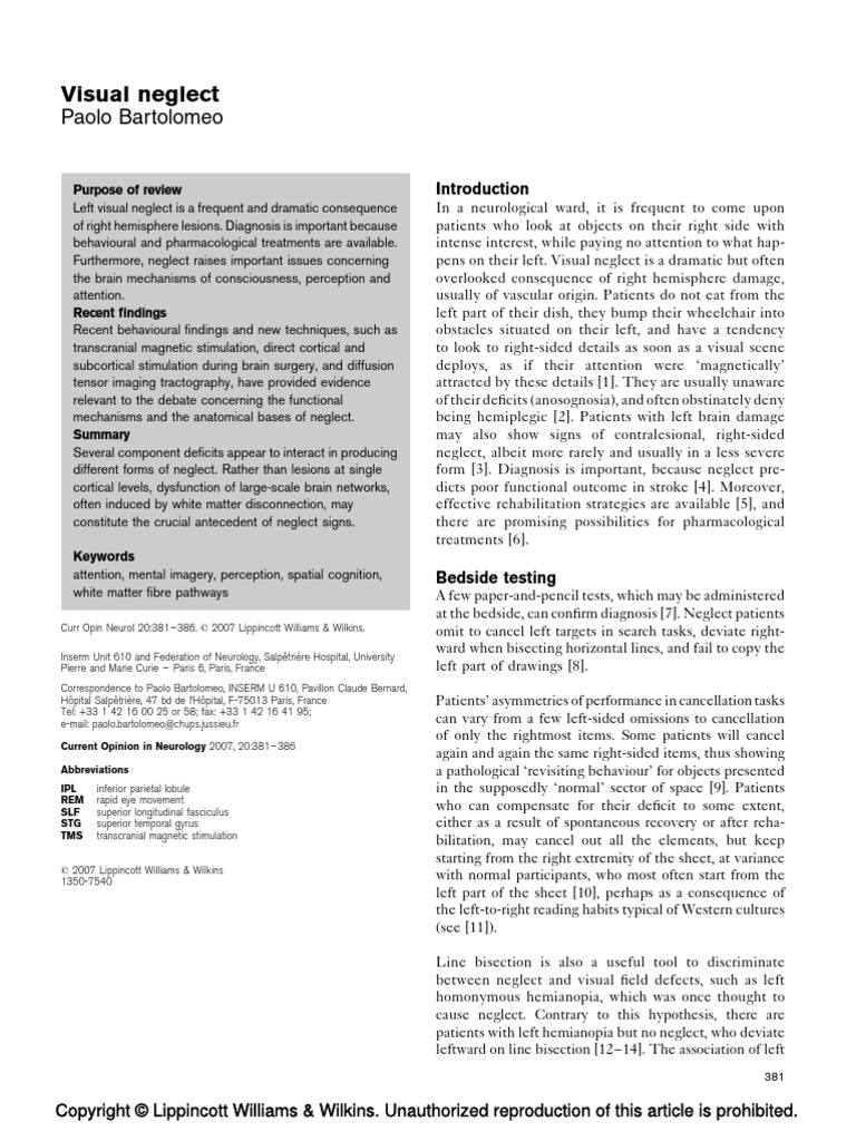 Visual Neglect: Paolo Bartolomeo | PDF | Parietal Lobe | Frontal Lobe