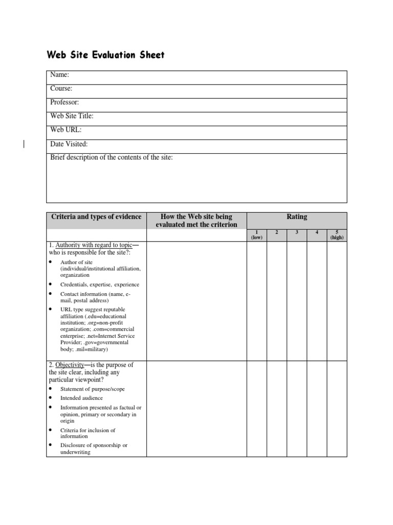 Website Evaluation Sheet | PDF | World Wide Web | Internet & Web