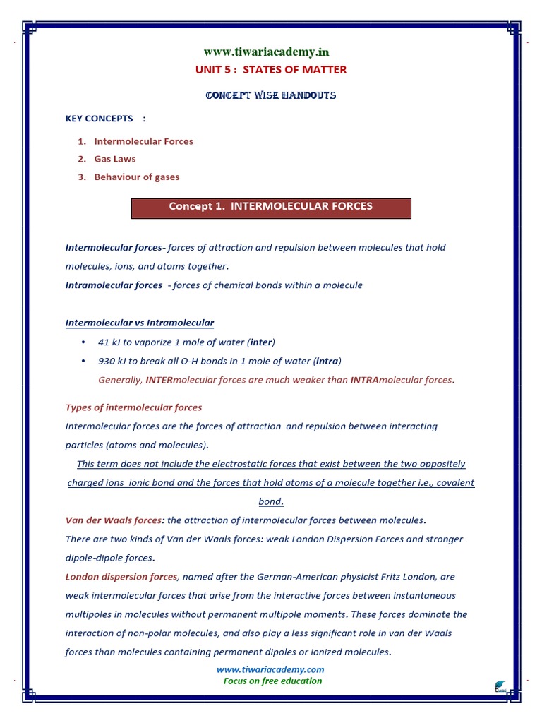 Unit 5: States of Matter: Concept 1. Intermolecular Forces | Download ...