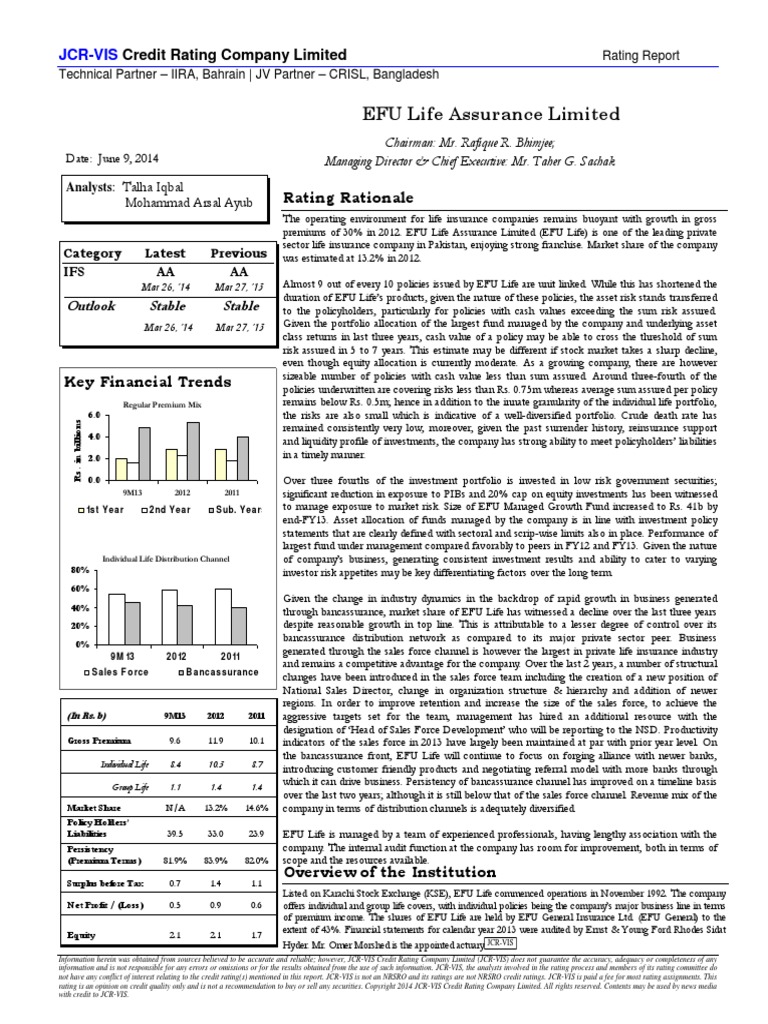 EFU Life Assurance Limited: Credit Rating Company Limited | PDF | Life ...