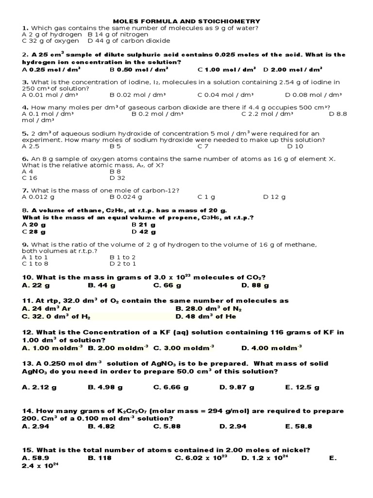 Basic Moles Test | PDF | Mole (Unit) | Solution