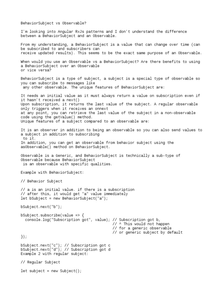 Behavior Subject Vs Observable | PDF | Software Engineering | Computing