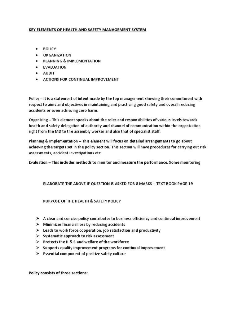 Key Elements of Health and Safety Management System | PDF | Regulatory ...