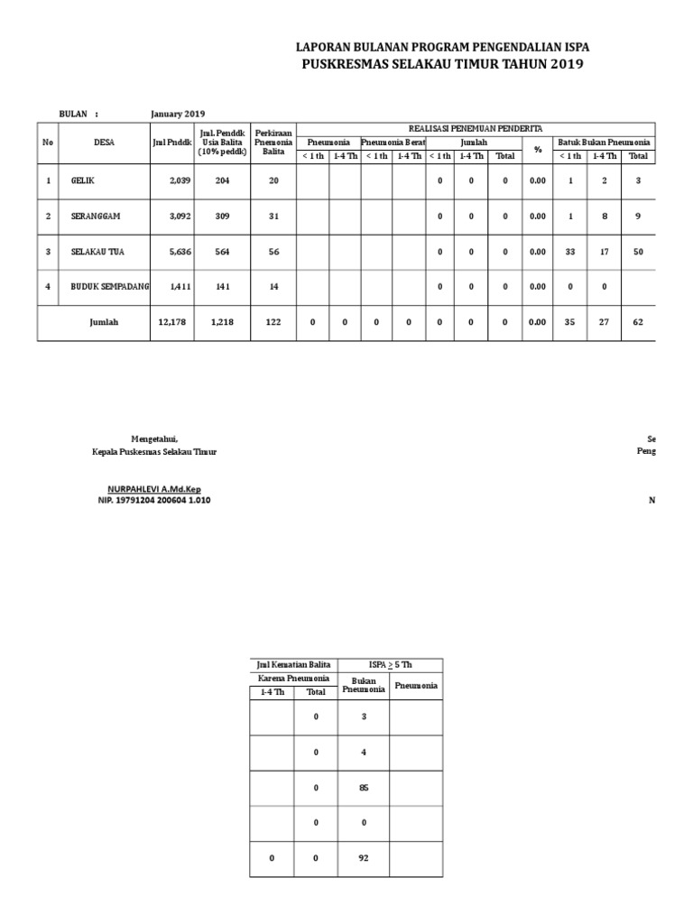 Puskresmas Selakau Timur Tahun 2019: Laporan Bulanan Program Pengendalian Ispa | PDF