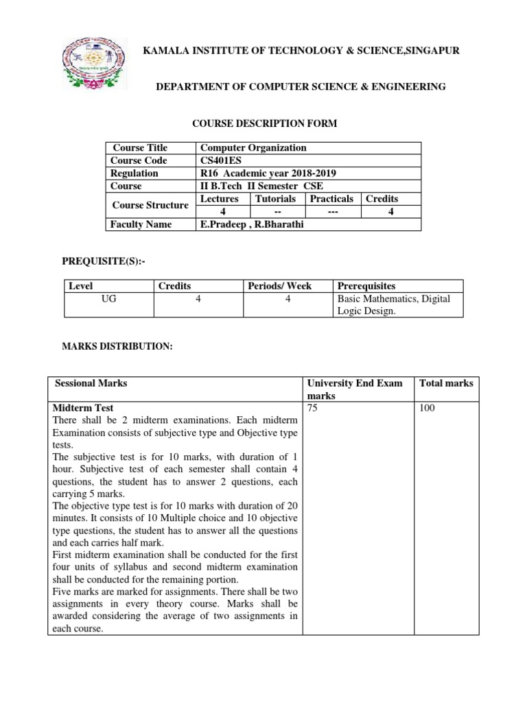 Course Description Form: Marks Distribution | PDF | Central Processing ...