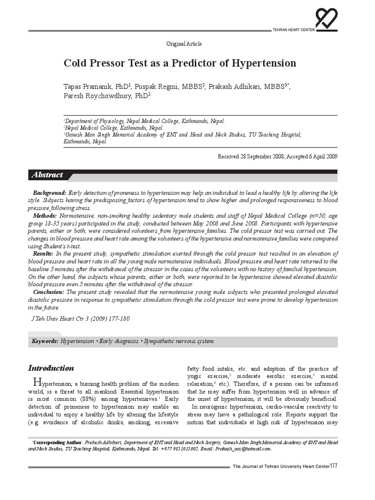 Cold Pressor Test As A Predictor of Hypertension | PDF | Blood Pressure ...