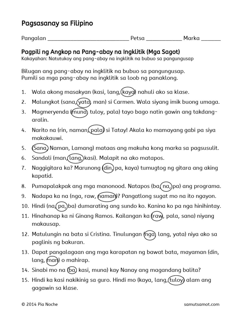 Mga Sagot Sa Pagpili NG Angkop Na Pang Abay Na Ingklitik - 1 1 PDF | PDF