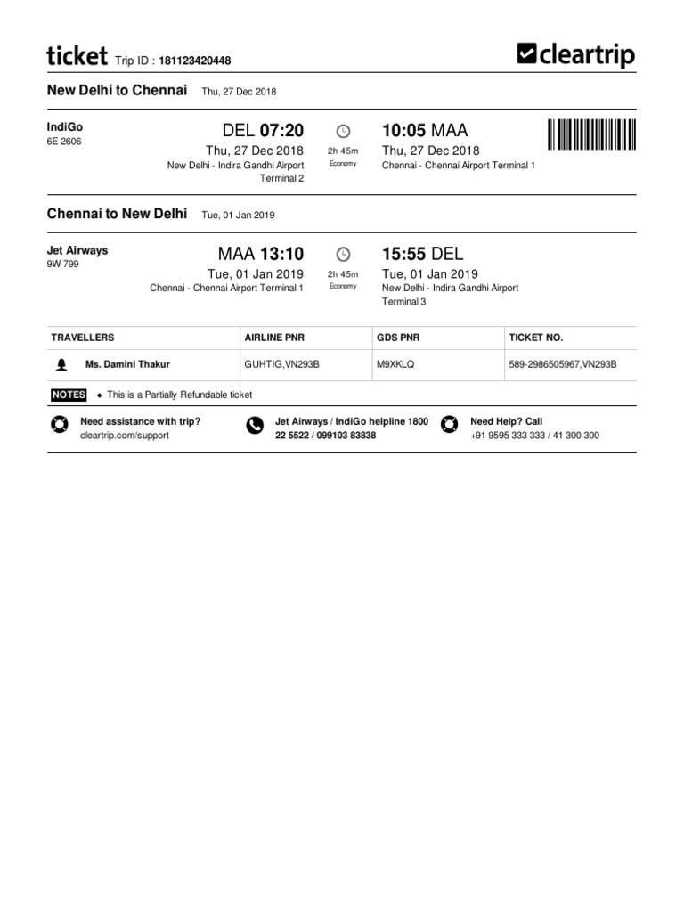 Cleartrip Flight Domestic E-Ticket | PDF | Airlines | Services (Economics)