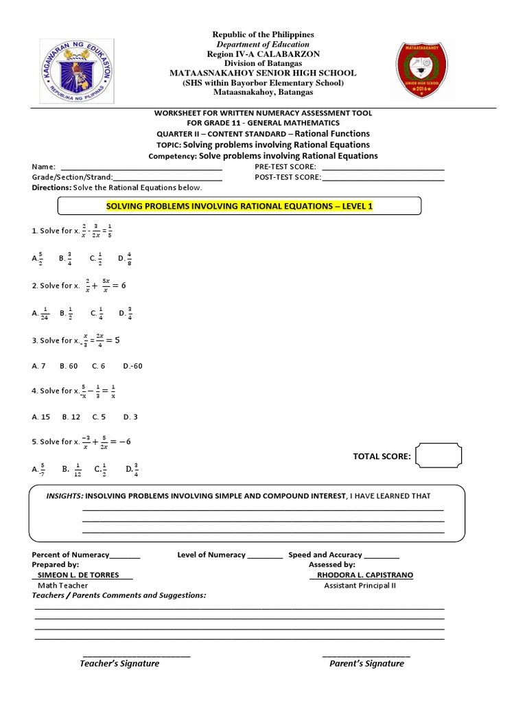 Rational Functions Solving Problems Involving Rational Equations Solve ...