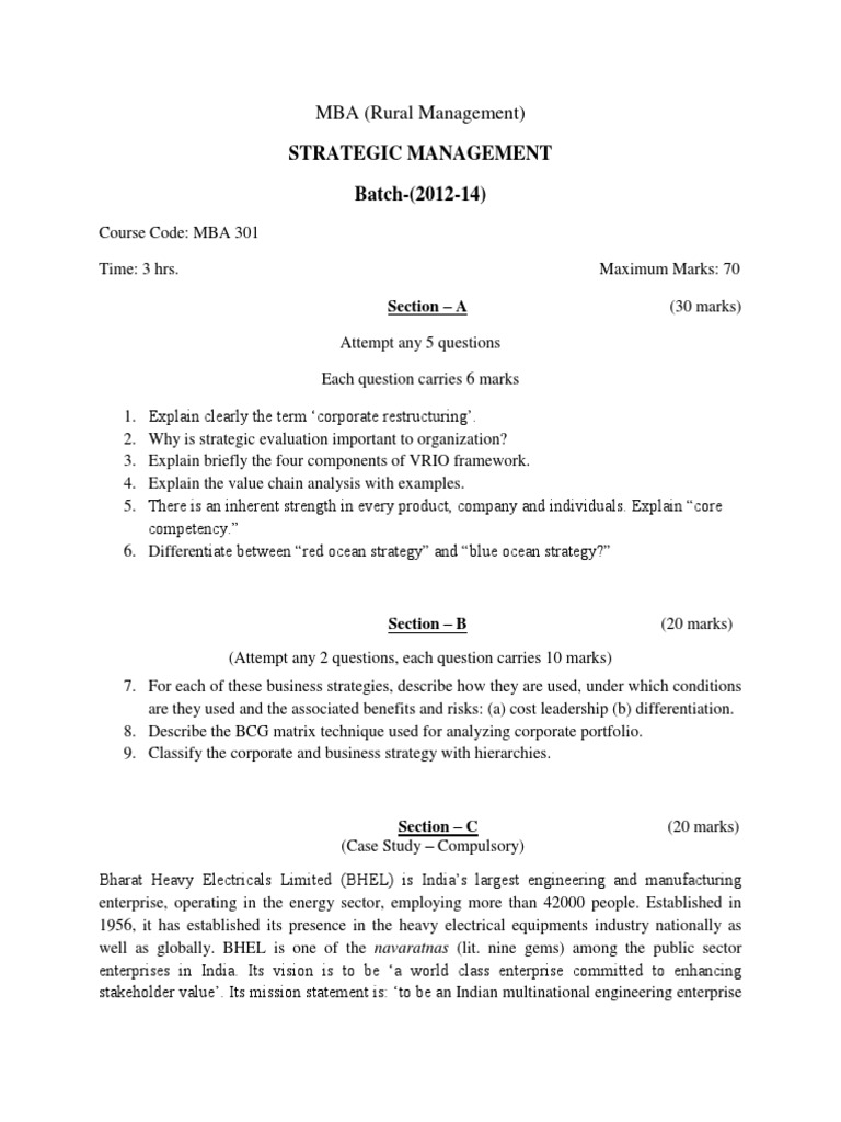 Sample Question Paper On Strategic Management | PDF | Strategic ...