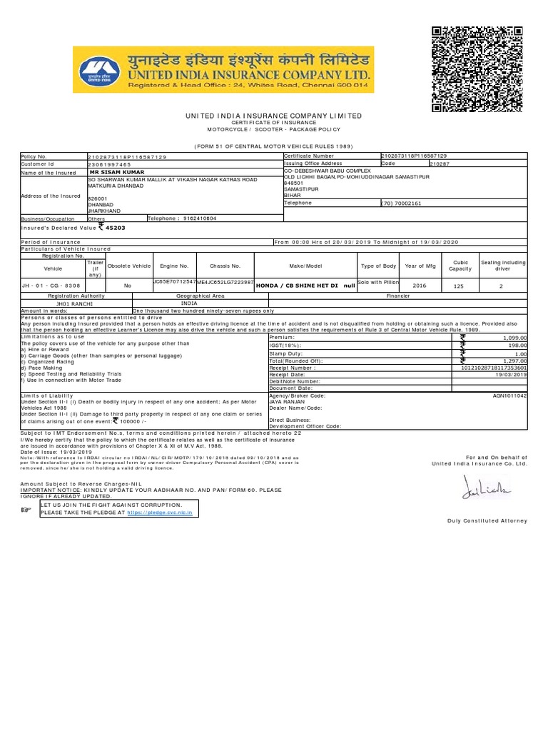 United India Motorcycle Insurance Certificate | PDF | Vehicle Insurance ...
