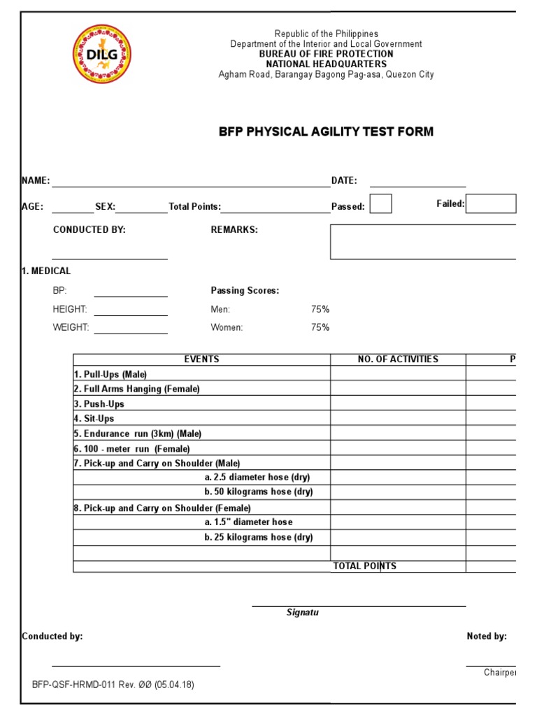 BFP Physical Agility Test Form: Republic of The Philippines Department ...