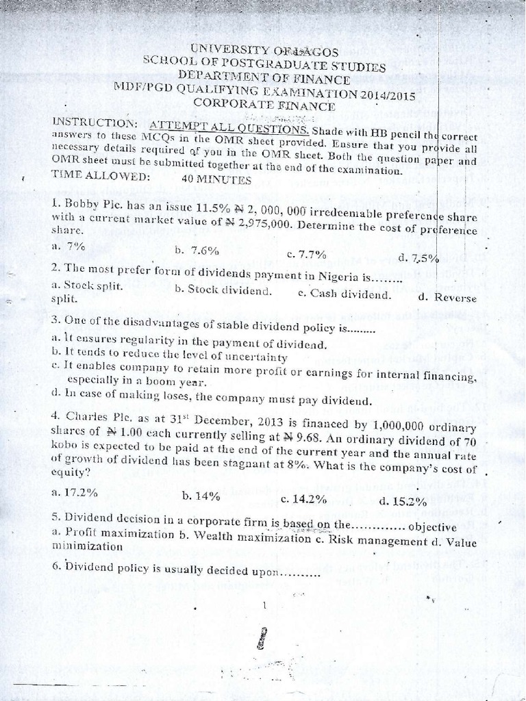 Unilag MSC Finance PAST Questions and Answers FOR MSC FINANCE UNILAG | PDF