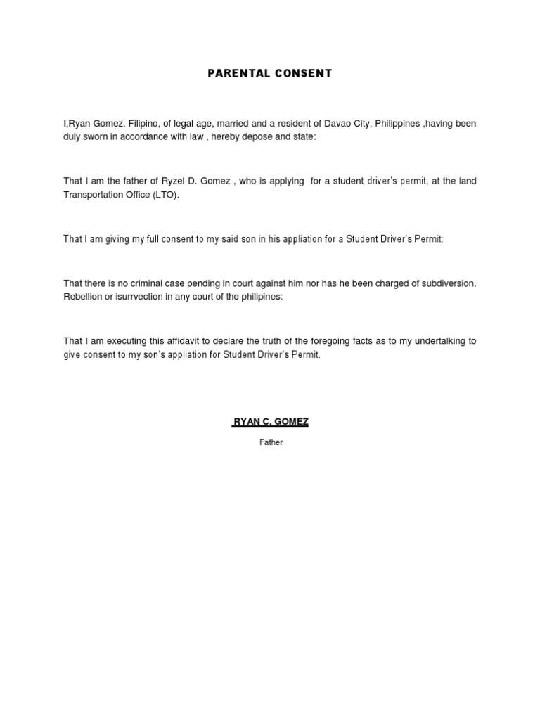 Parental Consent Affidavit for Son's Application for a Student Driver's ...