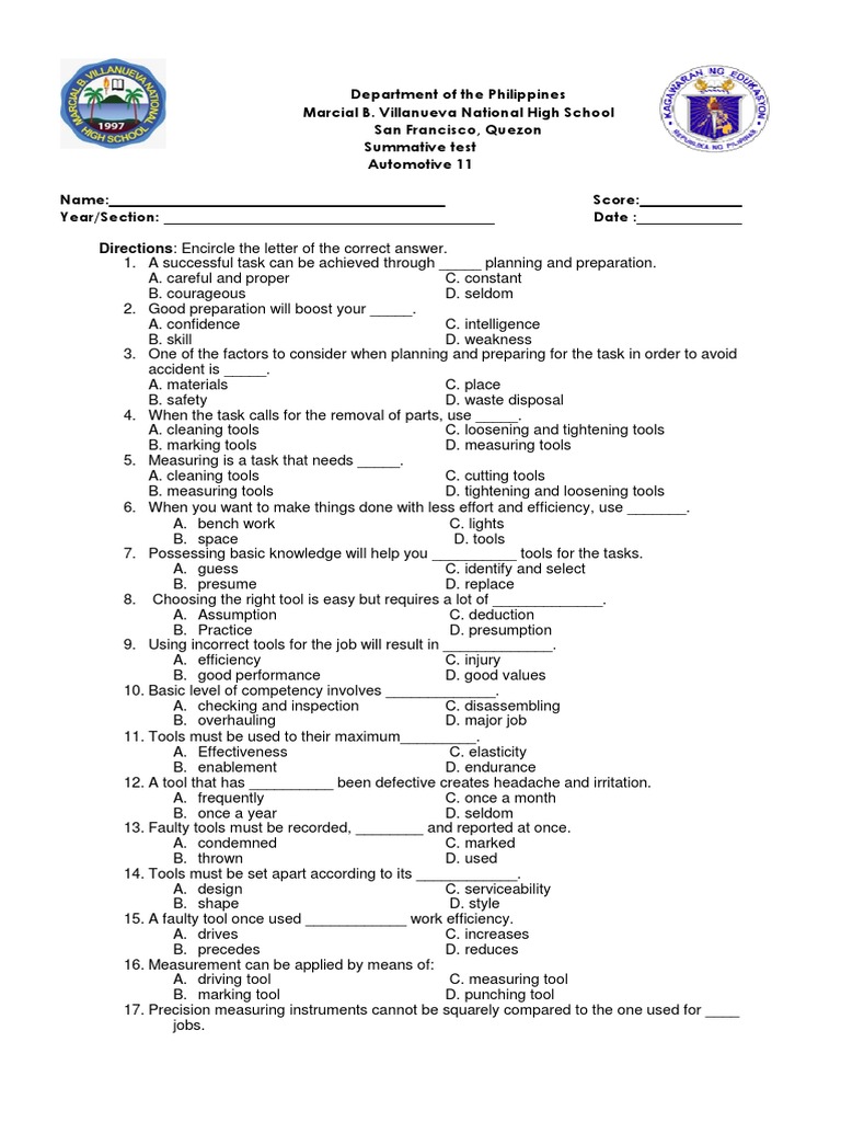 Automotive Sumative Test | PDF | Screw | Manufactured Goods