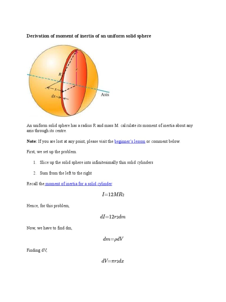 Derivation of Moment of Inertia of An Uniform Solid Sphere | PDF