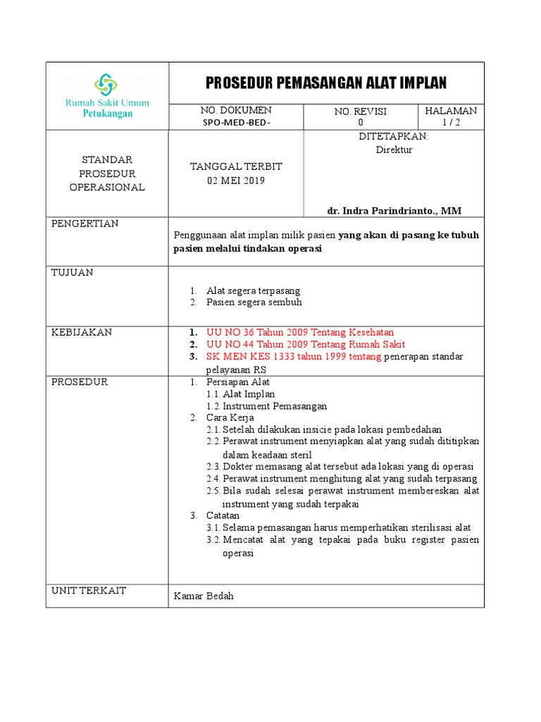 Spo Pemasangan Alat Implan | PDF