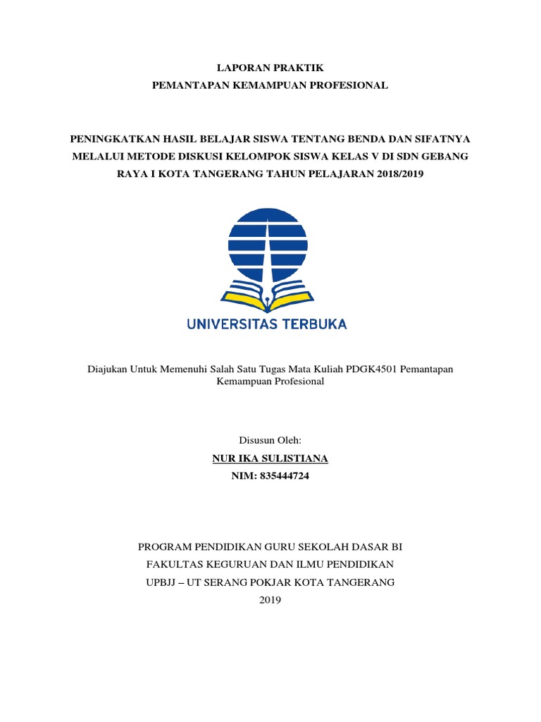 Contoh Cover Laporan PKP UT PGSDBI | PDF | Karier & Perkembangan