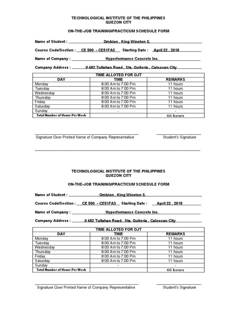 OJT Schedule Form | PDF | Sports | Leisure