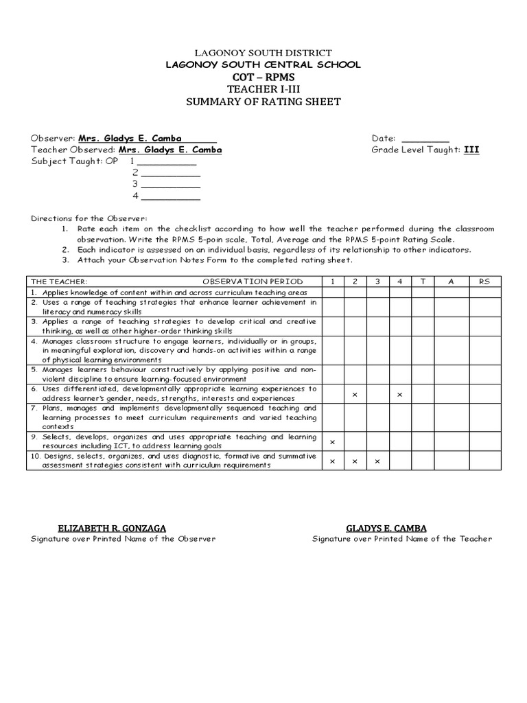 Cot - Rpms Teacher I-Iii Summary of Rating Sheet: Lagonoy South Central ...