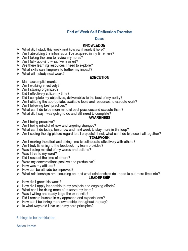 End of Week Self Reflection Exercise | PDF