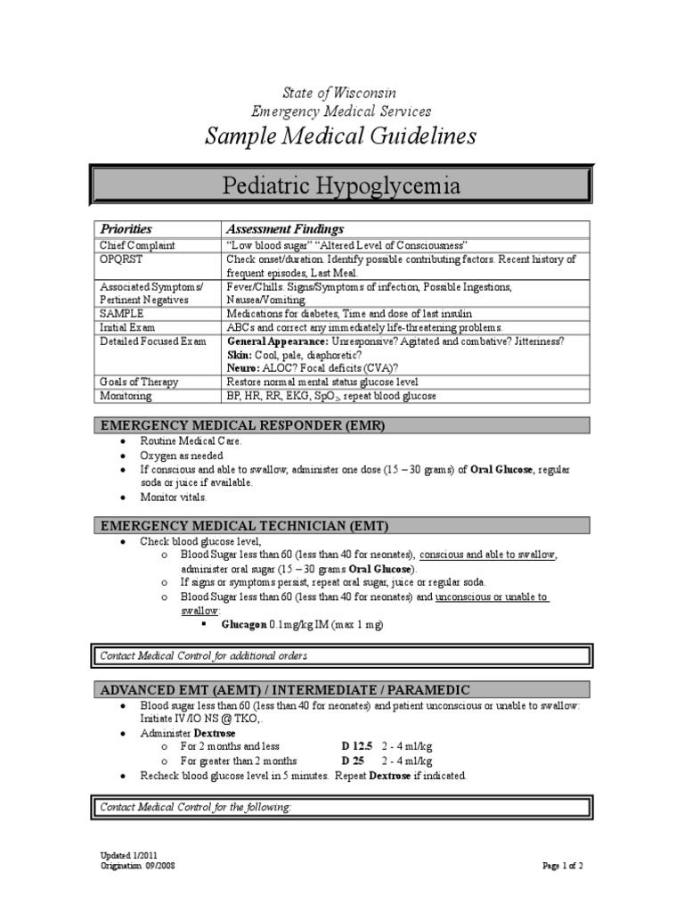 Pediatric Hypoglycemia: Guidelines for Emergency Medical Responders on ...